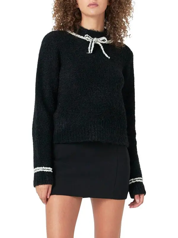 Endless Rose Bow Accent Bouclé Sweater - Black