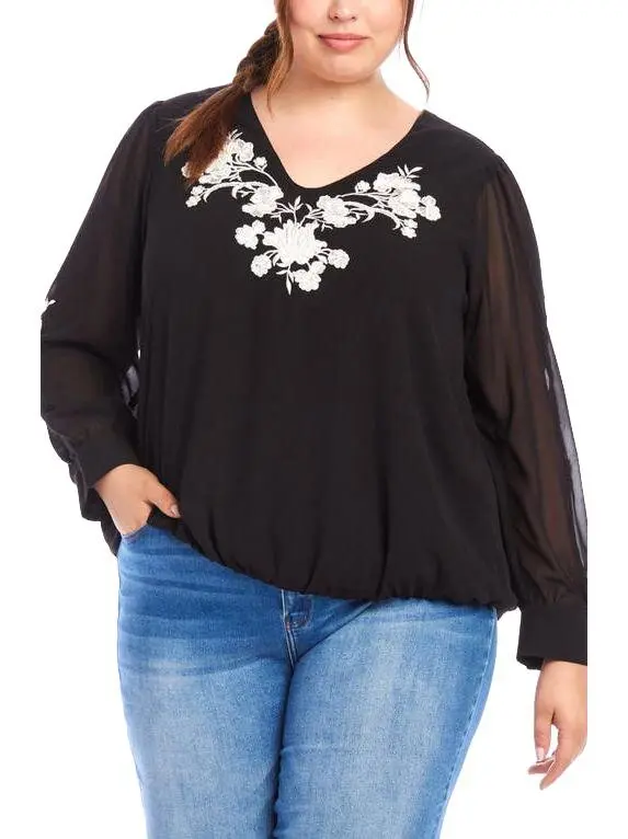 Karen Kane Floral Embroidered Georgette Top - Black/ Ivory