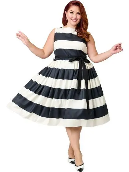 Unique Vintage Belted Swing Dress - Black & Ivory Stripes