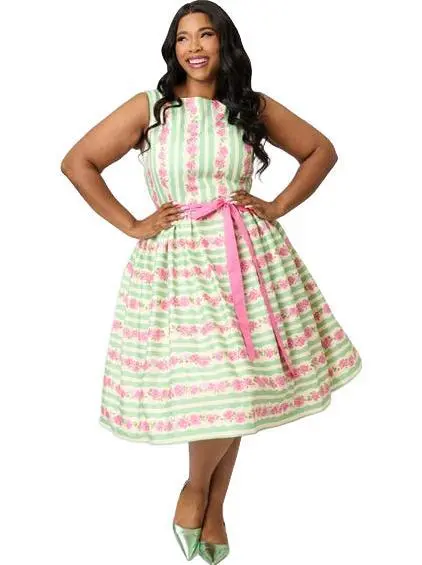 Unique Vintage Belted Swing Dress - Green & Pink Floral Print