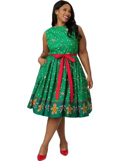 Unique Vintage Belted Swing Dress - Green Gingerbread Print