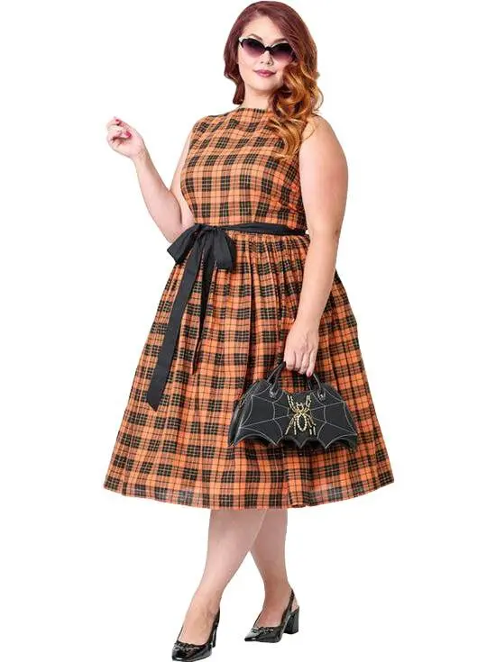 Unique Vintage Belted Swing Dress - Orange