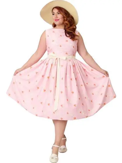Unique Vintage Belted Swing Dress - Pink Princess Print