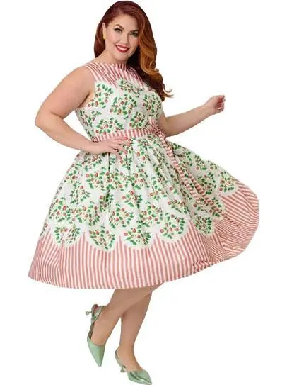 Unique Vintage Belted Swing Dress - Pink Stripe W/strawberries