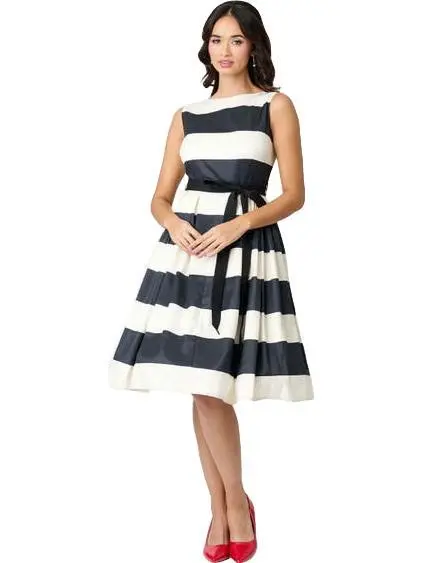Unique Vintage Sleeveless Belted Swing Dress - Black & Ivory Stripes