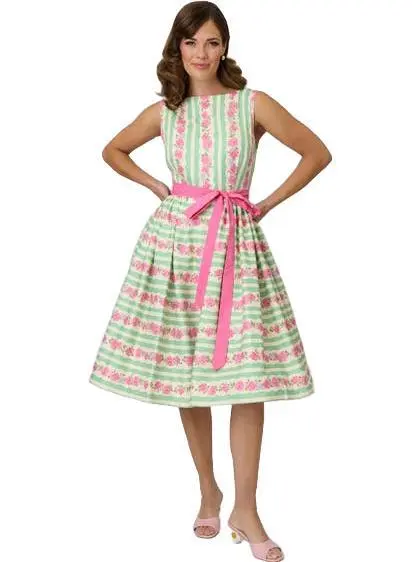Unique Vintage Sleeveless Belted Swing Dress - Green & Pink Floral Print