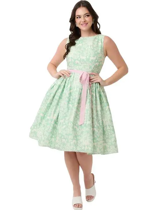 Unique Vintage Sleeveless Belted Swing Dress - Green Animal Print