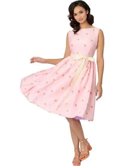 Unique Vintage Sleeveless Belted Swing Dress - Pink Princess Print