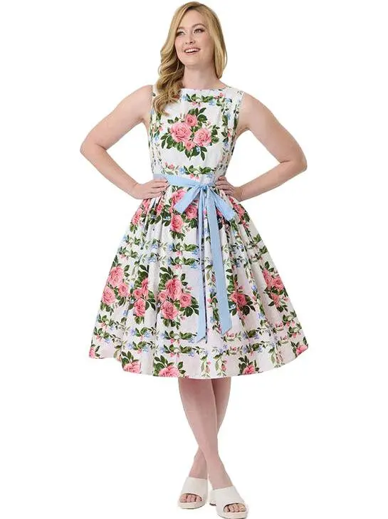Unique Vintage Sleeveless Belted Swing Dress - White & Pink Roses