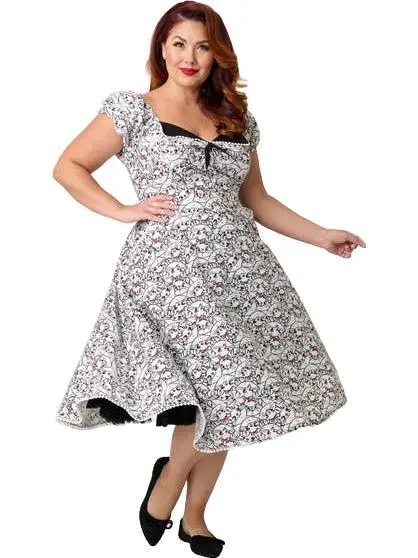 Unique Vintage 1950s Sweetheart Swing Dress - White Cat Print