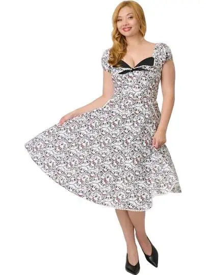 Unique Vintage 1950s Sweetheart Swing Dress - White Cat Print