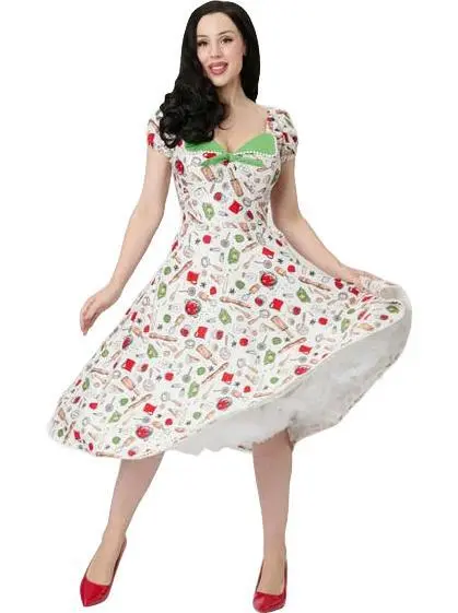 Unique Vintage 1950s Sweetheart Swing Dress - White W/kitchen Print