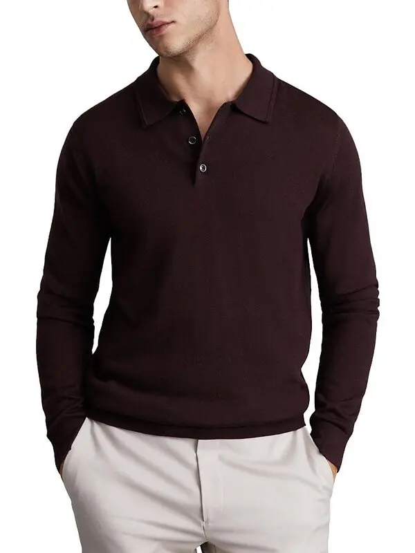 REISS Trafford Merino Wool Regular Fit Long Sleeve Polo Shirt - Dark Borde