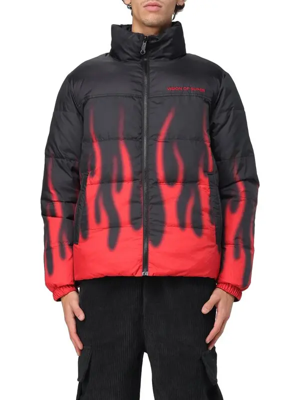 VISION OF SUPER Puffer Jacket With Flame Print - Black