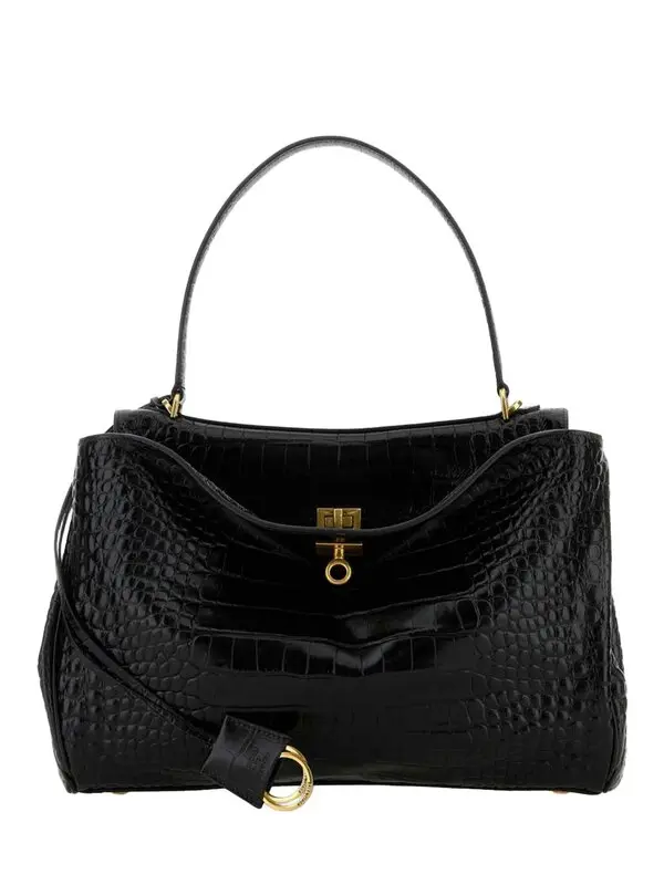 Balenciaga Rodeo Handbag In Croc-embossed Calfskin - Black