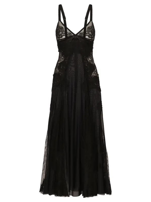 Dolce & Gabbana Tulle Midi Slip Dress With Lace Inserts - Black