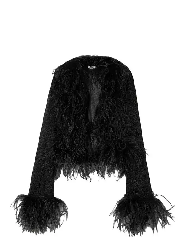 Oseree Lumiere Feather-trimmed Lurex Top - Black