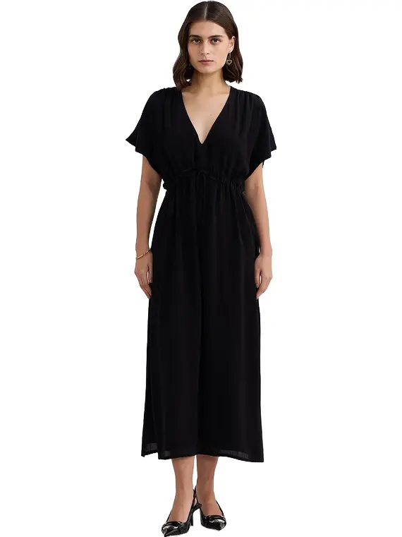 REISTOR Oversized Gathered V-neck Maxi Dress - Black