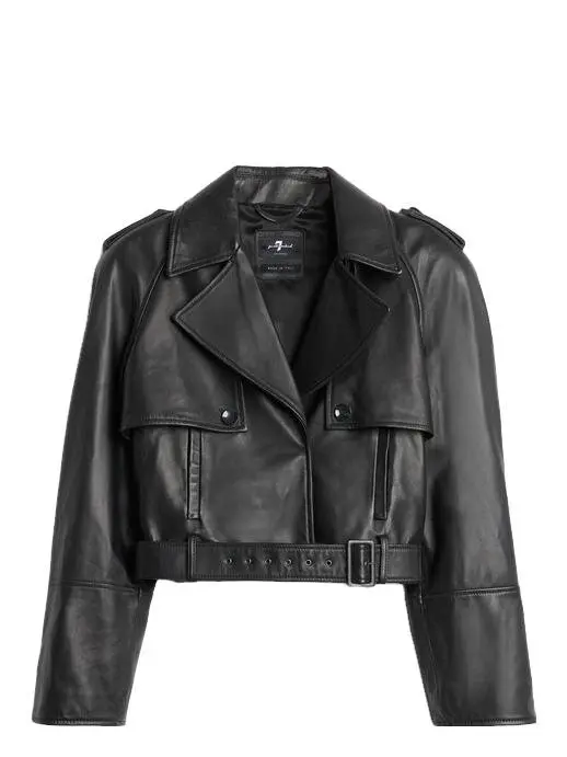 7 For All Mankind Italian Leather Cropped Moto Jacket - Black