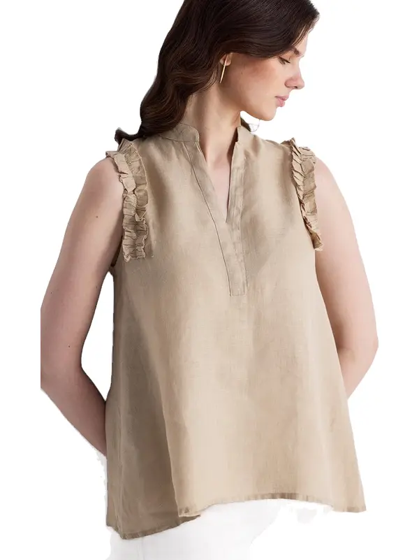 REISTOR Sleeveless Hemp Top With Ruffles - Neutral