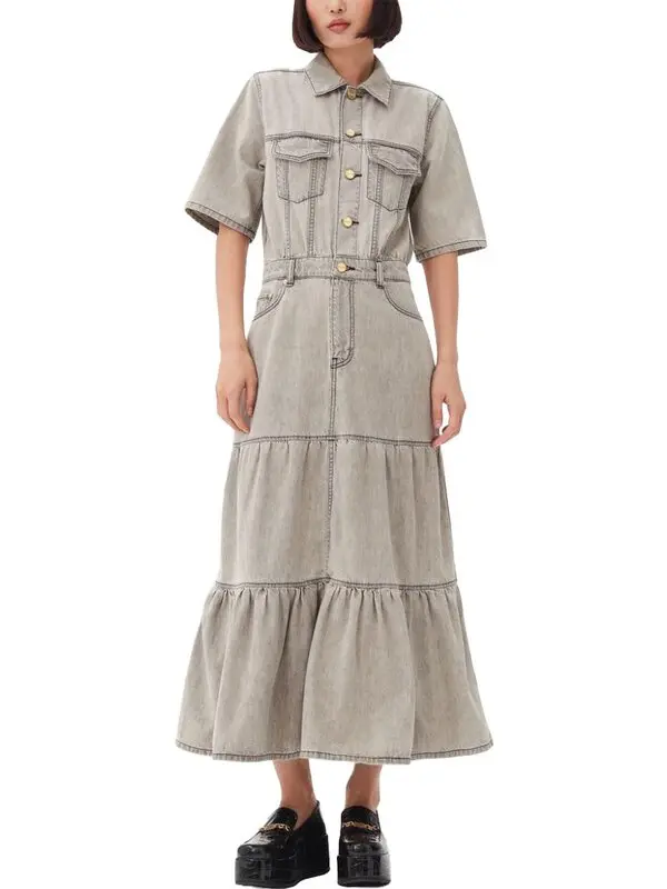 GANNI Tiered Denim Maxi Dress - Grey