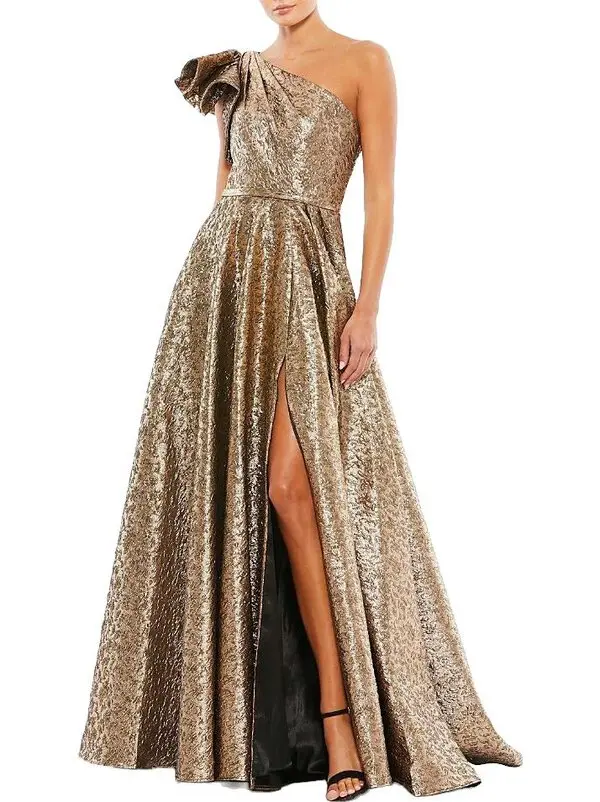 Mac Duggal One-shoulder Metallic Ballgown - Antique Bronze