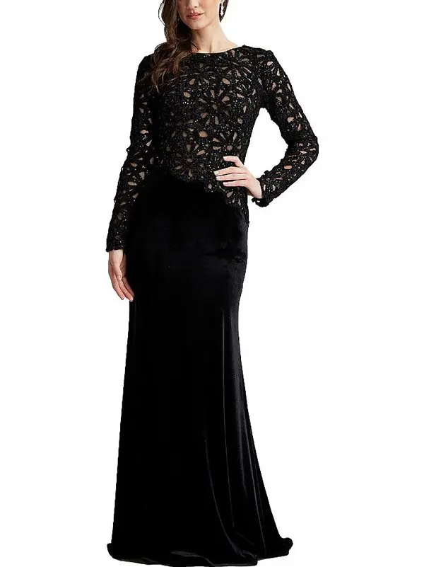 Tadashi Shoji Sinnott Chenille Embroidered Gown - Black/nude