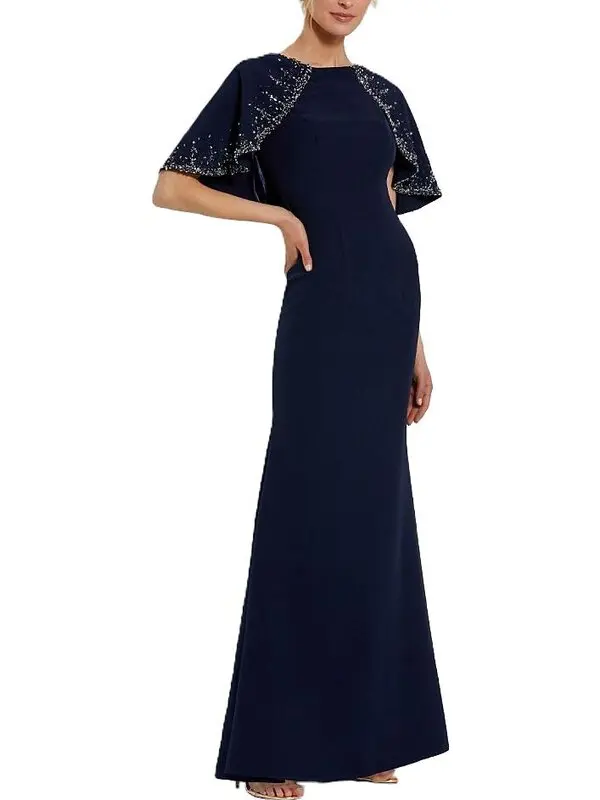 Mac Duggal Crepe Gown With Beaded Shawl - Midnight