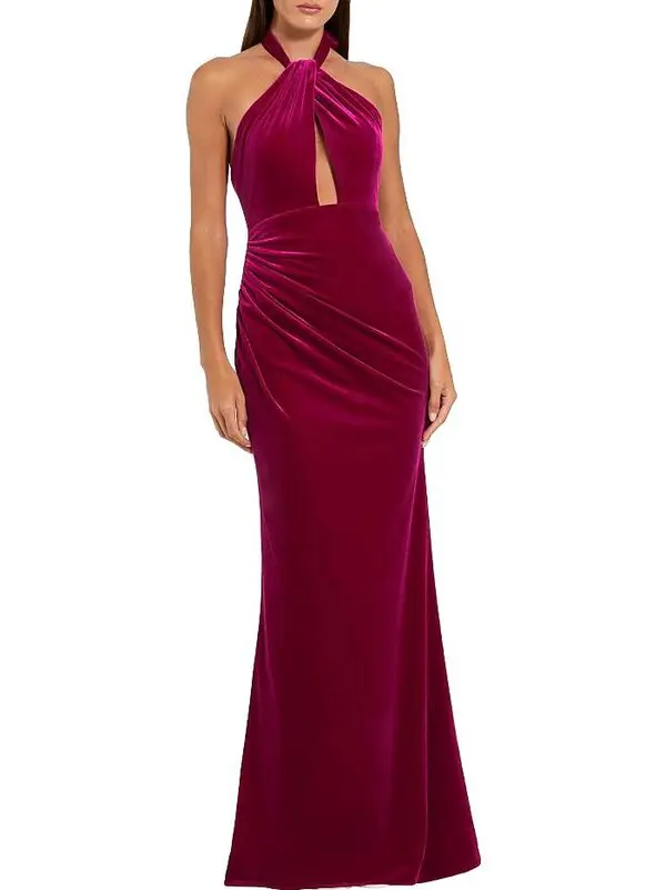Mac Duggal Velvet Draped Gown With Keyhole Cutout And Open Back - Berry