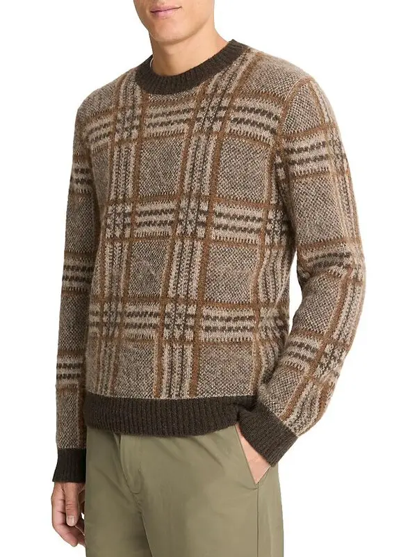 Vince Brushed Glen Plaid Crewneck Sweater - Bristle Khaki