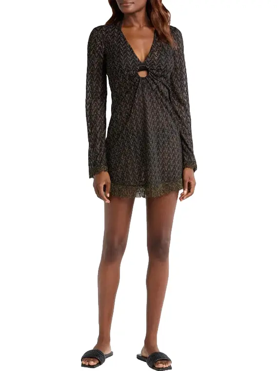 Ramy Brook Cassie Zigzag Long Sleeve Knit Cover-up Dress - Black/gold Zig Zag