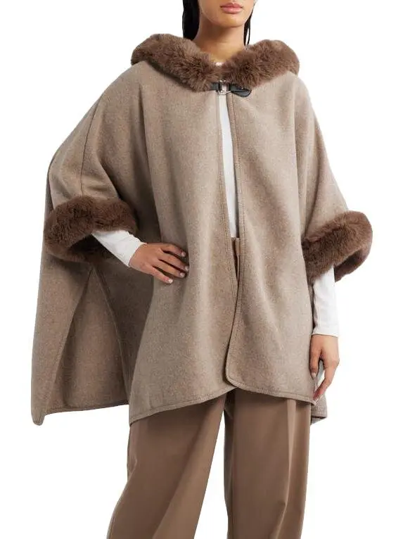 La Fiorentina Faux Fur Trim Hooded Ruana - Tan