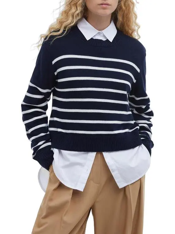 Barbour Emery Stripe Crop Cotton & Cashmere Sweater - Navy/ Cloud