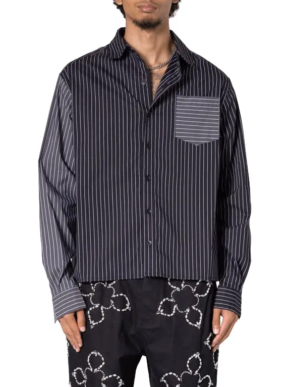 Mnml Oversize Mismatched Pinstripe Button-up Shirt Jacket - Black