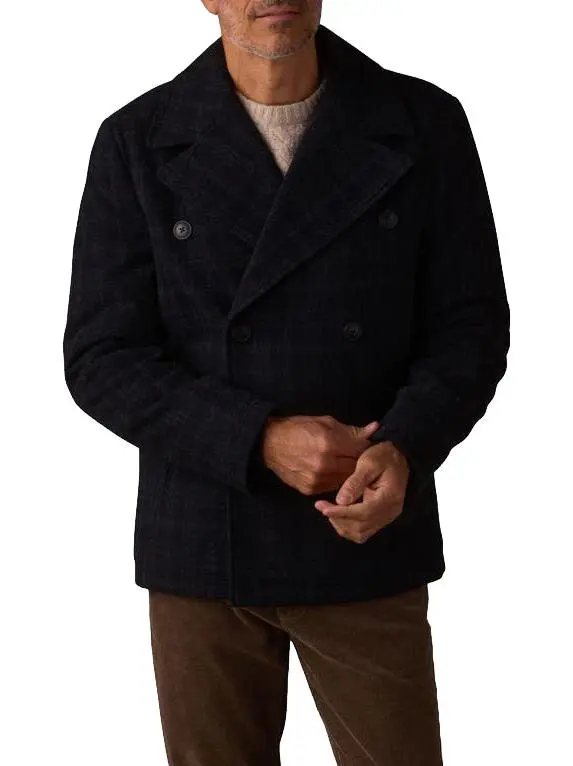 THE NORMAL BRAND Lan Windowpane Plaid Pea Coat - Navy Plaid