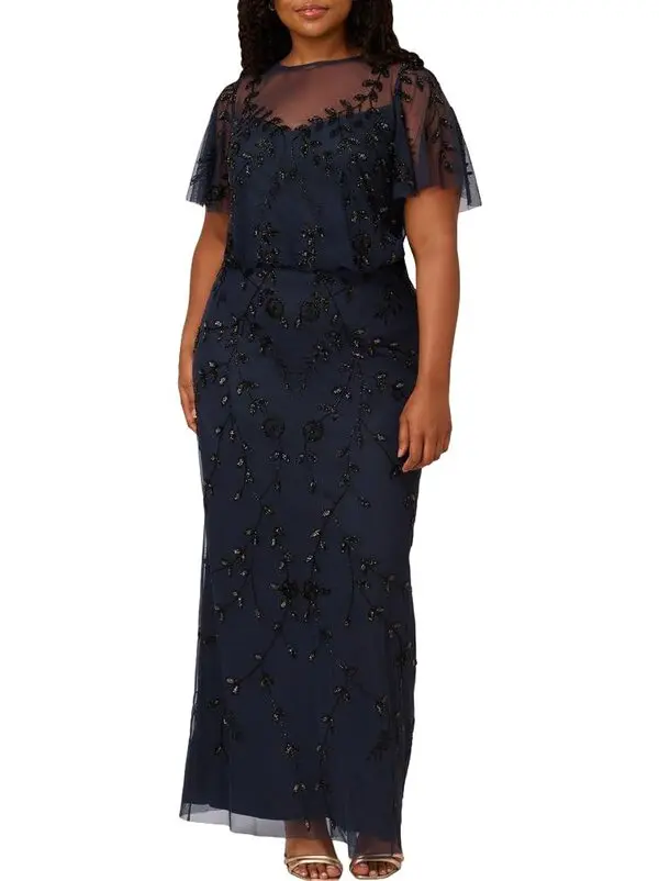 Adrianna Papell Beaded Column Gown - Navy/black