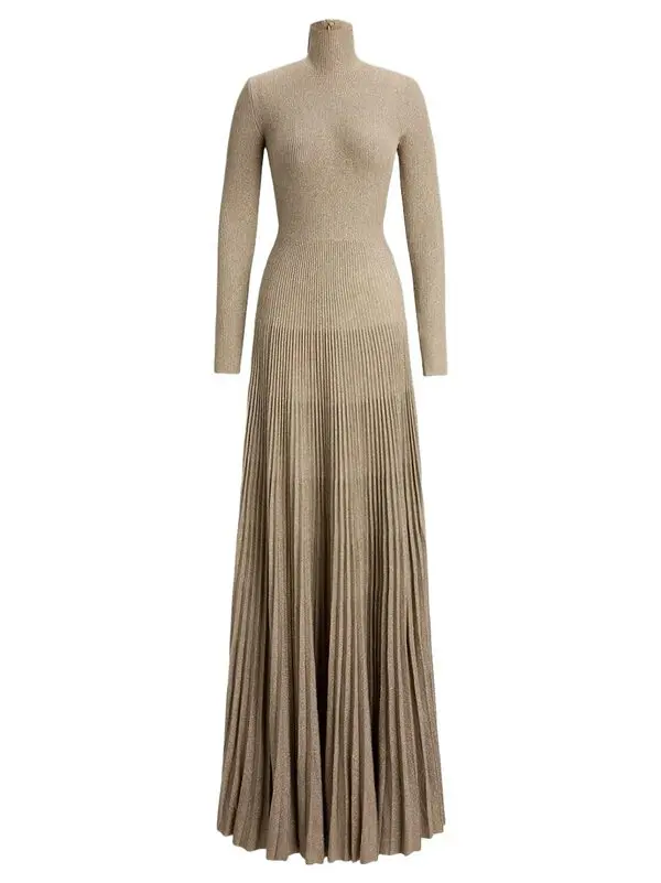 Ralph Lauren Ribbed Turtleneck Evening Dress - Chamapgne