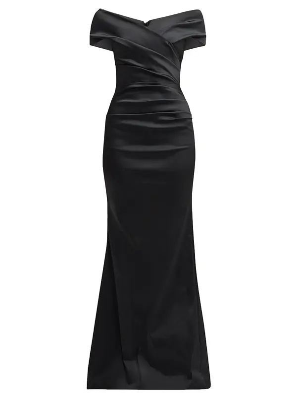 Rickie Freeman For Teri Jon Pleated Stretch Satin Gown - Black