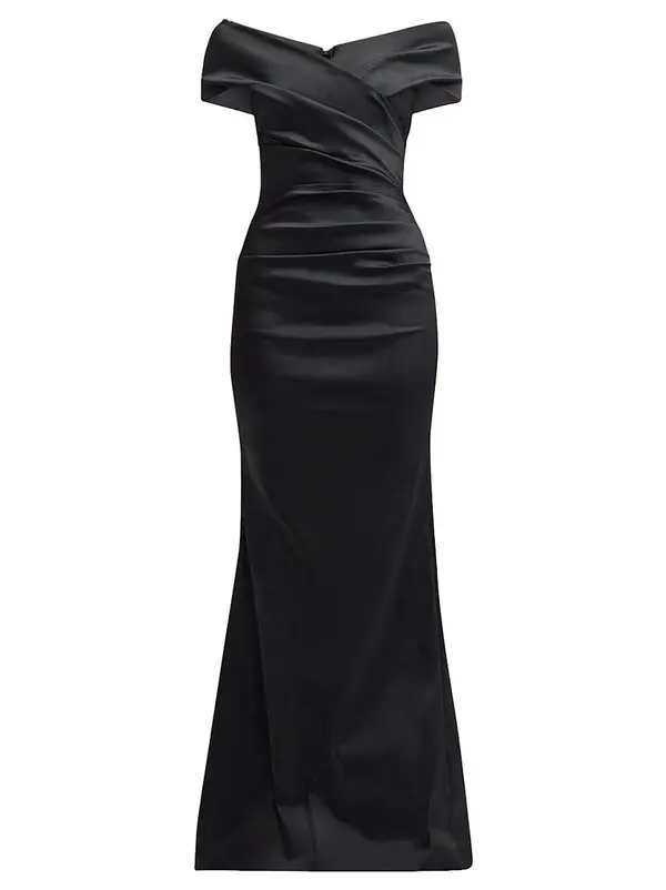 Rickie Freeman For Teri Jon Pleated Stretch Satin Gown - Black
