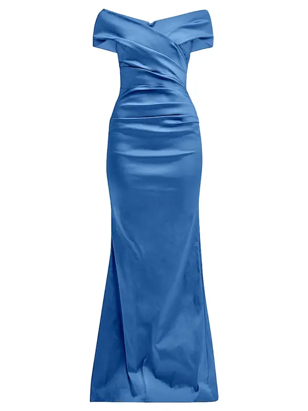 Rickie Freeman For Teri Jon Pleated Stretch Satin Gown - Periwinkle