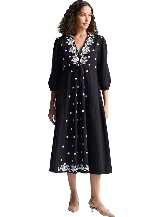 REISTOR Drawstring Embroidered Dress - Black