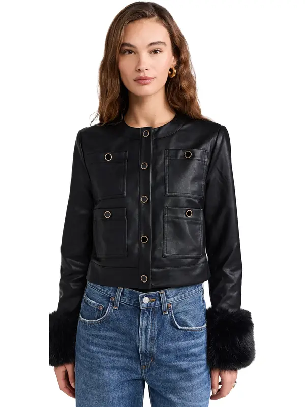 WAYF Boxy Faux Leather Jacket With Faux Fur Cuffs - Black