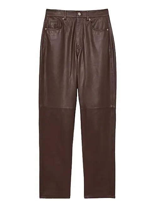 REISS Verona Slim-leg High-rise Leather Trousers - Oxblood Burgundy