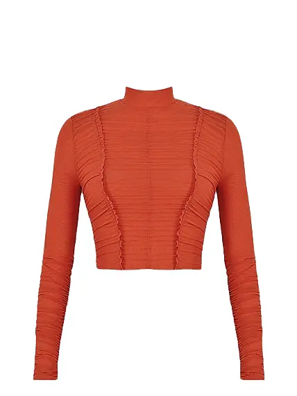 MISTRESS ROCKS Gathered Long-sleeve Stretch-mesh Top - Burnt Orange
