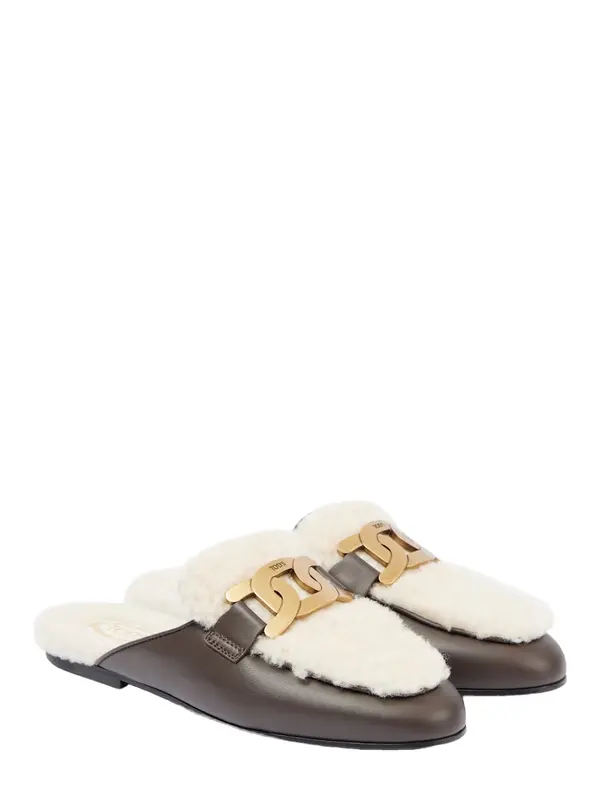 TOD'S Catena Shearling And Leather Mules - Brown