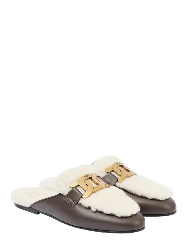 TOD'S Shearling And Leather Mules - Brown
