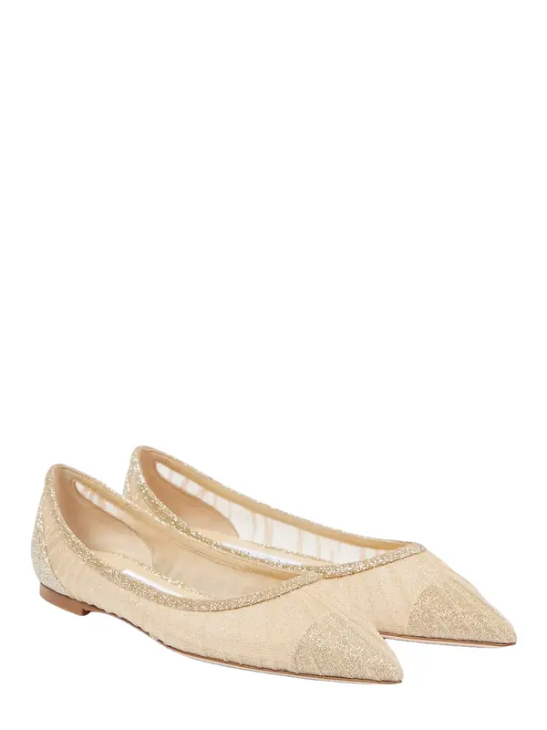 JIMMY CHOO Love Glitter Tulle Ballet Flats - Gold