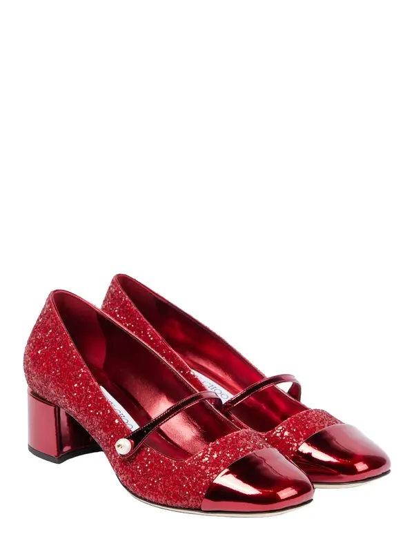 JIMMY CHOO Elisa 45 Glitter Leather Mary Jane Pumps - Red