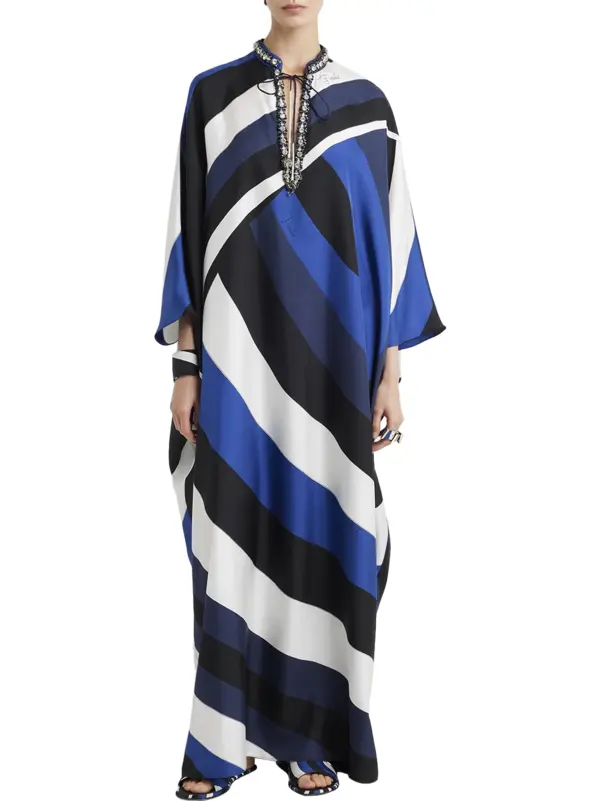 Emilio Pucci Iride-print Crystal Neck-tie Silk Twill Maxi Kaftan Dress - Navy