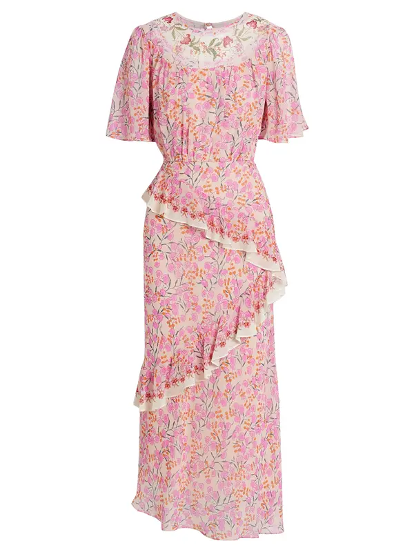 Saloni Vida Ruffled Printed Silk-chiffon Maxi Dress - Blush